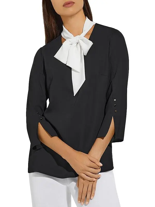 Misook Contrast Tie V-neck Crepe De Chine Blouse - Black/white