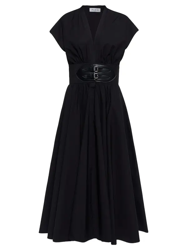 Alaïa Belted Cotton Poplin Midi Dress - Black