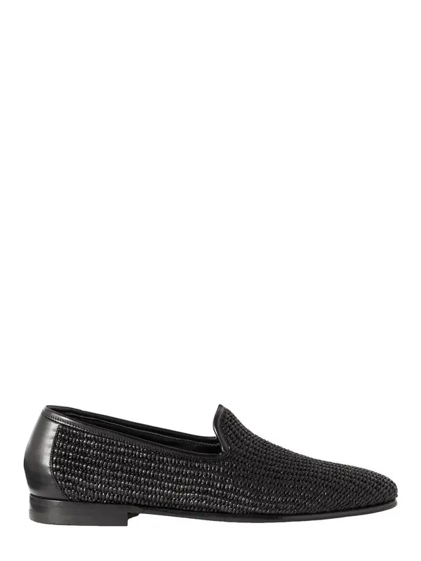 Manolo Blahnik Mario Leather-trimmed Raffia Loafers - Black