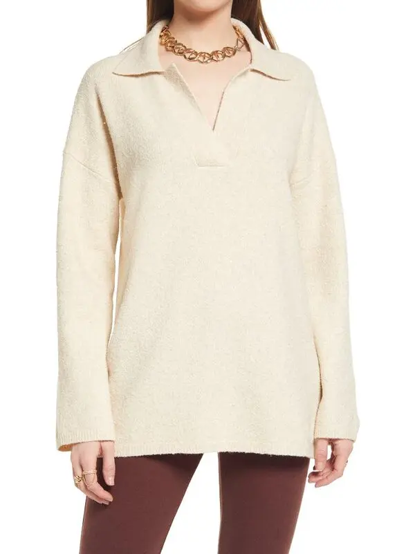 OPEN EDIT Oversized Polo Sweater - Beige Oatmeal Light Heather