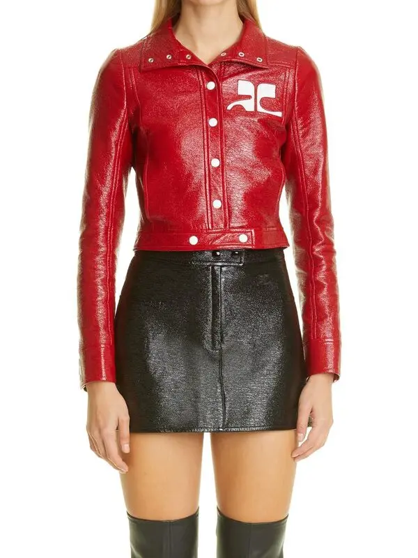 COURREGES Logo Patch Coated Crop Jacket - Groseille