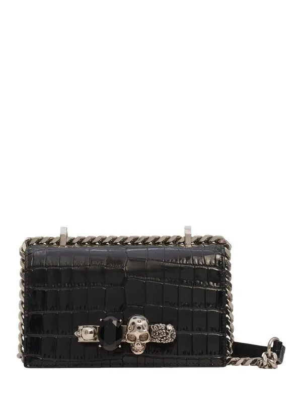 Alexander McQueen Mini Jeweled Croc Embossed Leather Bag - Black
