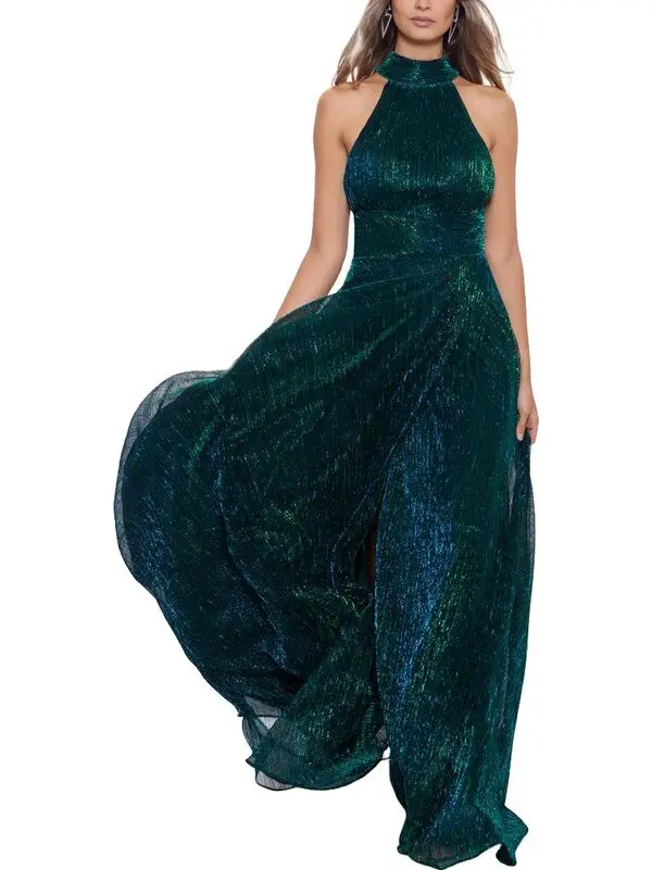 Betsy & Adam Halter Mock Neck Crinkle Faux Wrap Gown - Jade