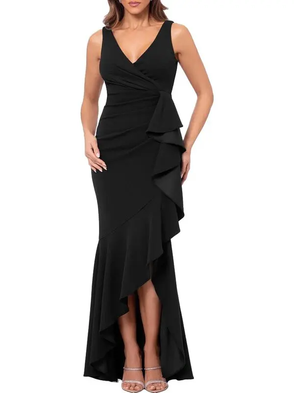 Betsy & Adam V-neck Ruffle High-low Gown - Black