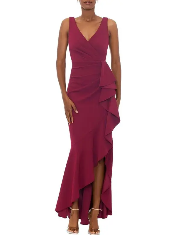 Betsy & Adam V-neck Ruffle High-low Gown - Bordeaux