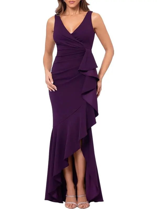 Betsy & Adam V-neck Ruffle High-low Gown - Mulberry