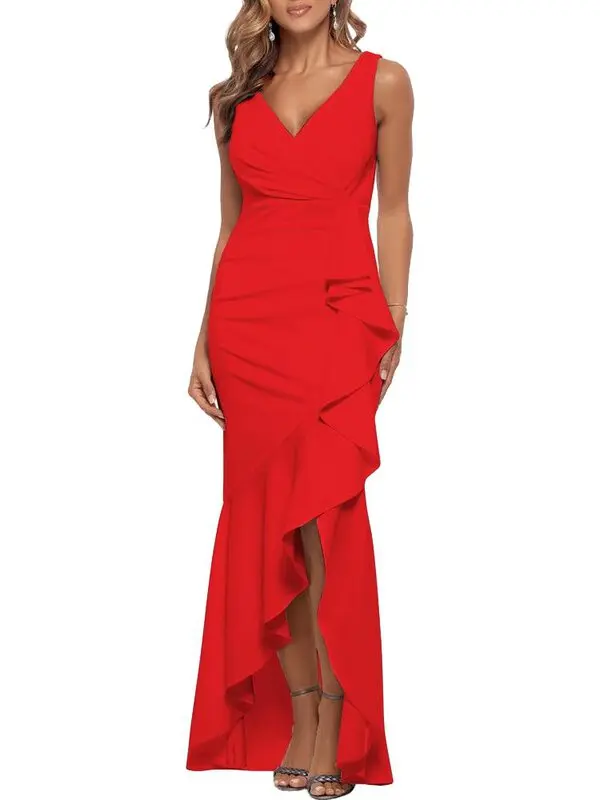Betsy & Adam V-neck Ruffle High-low Gown - Red