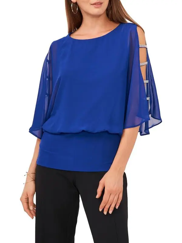 Chaus Split Sleeve Rhinestone Blouse - Goddess Blue