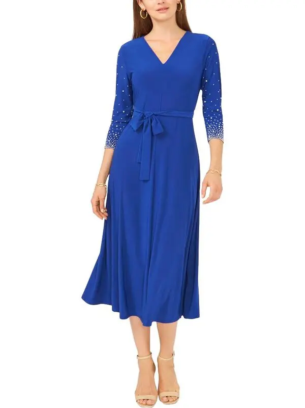 Chaus Embellished Tie Waist Midi Dress - Goddess Blue