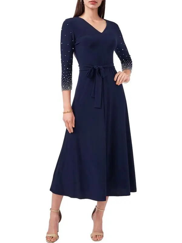 Chaus Embellished Tie Waist Midi Dress - Navy