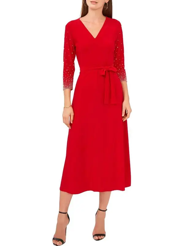 Chaus Embellished Tie Waist Midi Dress - Red
