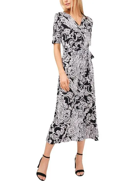 Chaus Paisley Tie Waist Midi Dress - Black/white