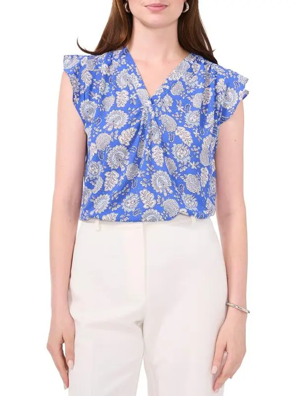 Chaus Print Flutter Sleeve Blouse - Blue 400