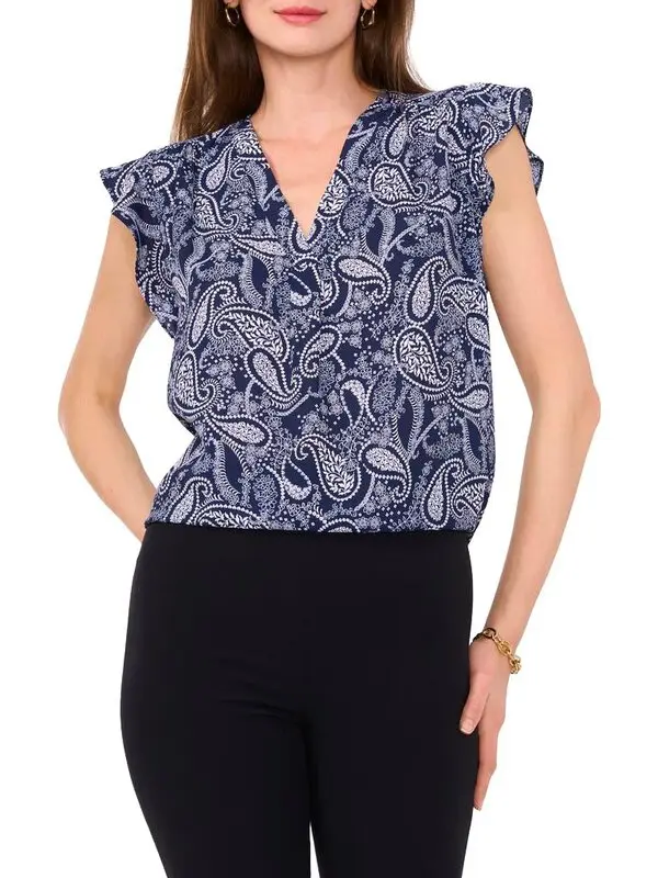 Chaus Print Flutter Sleeve Blouse - Navy/wht