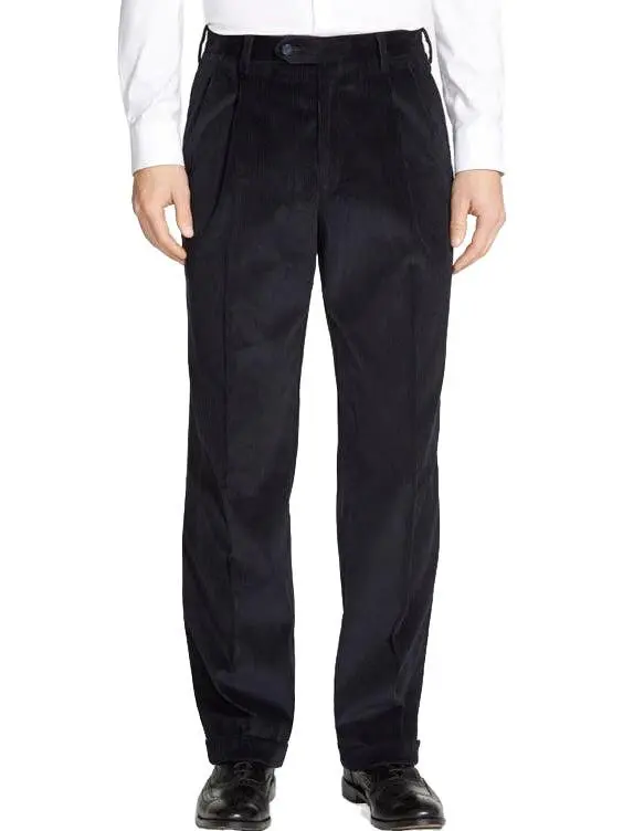 Berle Italian 8-wale Corduroy Pleated Trousers - Black
