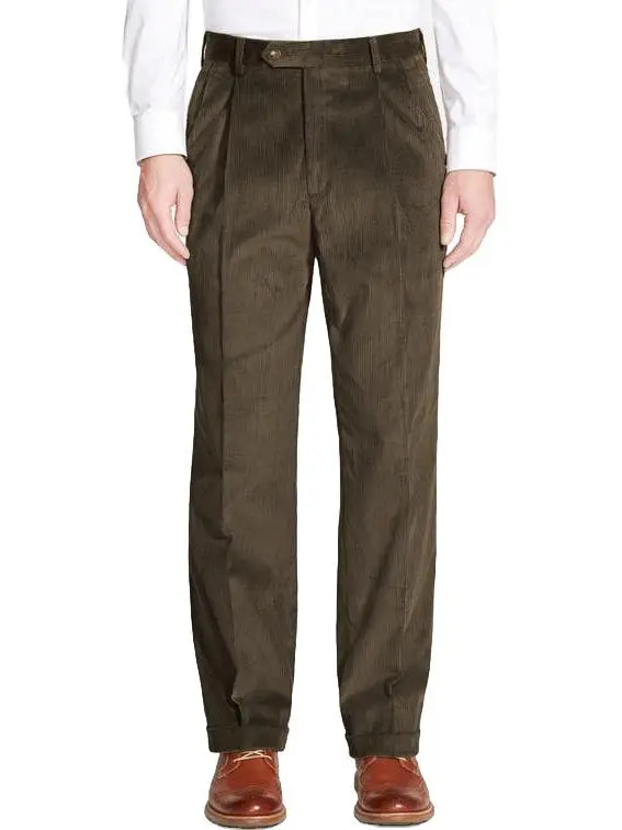 Berle Italian 8-wale Corduroy Pleated Trousers - Olive