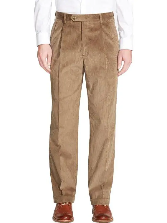 Berle Italian 8-wale Corduroy Pleated Trousers - Tan