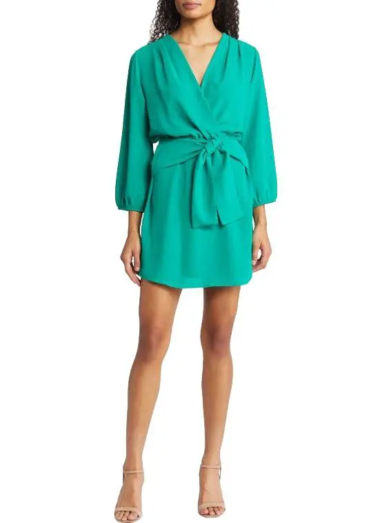 Fraiche By J Short Wrap Dress With Sash - Emerald