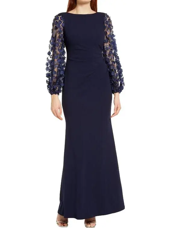 Eliza J Floral Appliqué Trumpet Gown - Navy