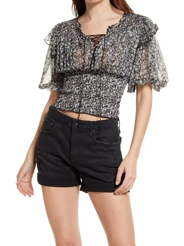 Free People Beatrice Smocked Ruffle Top - Black Combo
