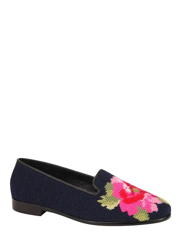 BYPAIGE Needlepoint Peony Flat - Pink Peony On Navy Loafer