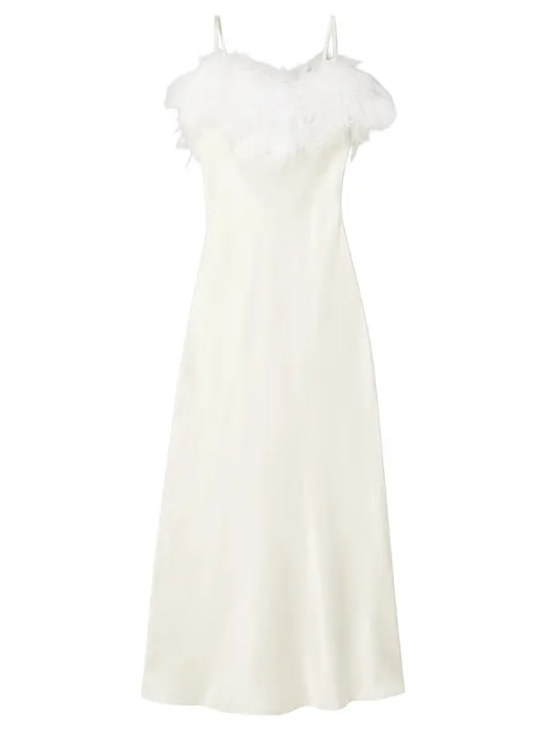 Sleeper Net Sustain Boheme Feather-trimmed Ecovero-satin Midi Dress - White