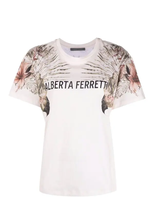 Alberta Ferretti Cotton Floral Print T-shirt - Neutrals