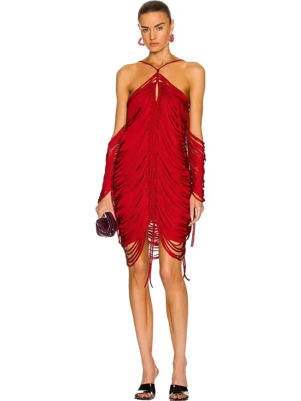 Bottega Veneta Shiny Viscose Fringe Knit Dress - Scarlet
