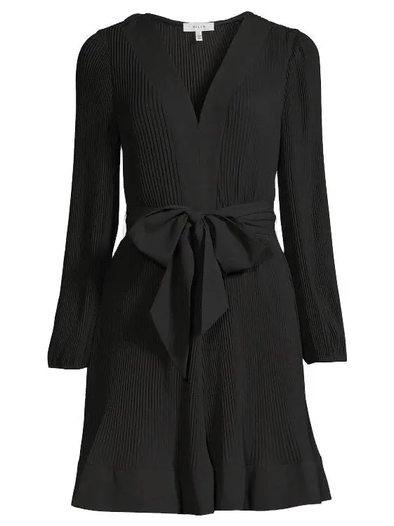 MILLY Liv Pleated Belted Minidress - Black