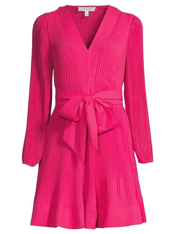 MILLY Liv Pleated Belted Minidress - Milly Pink