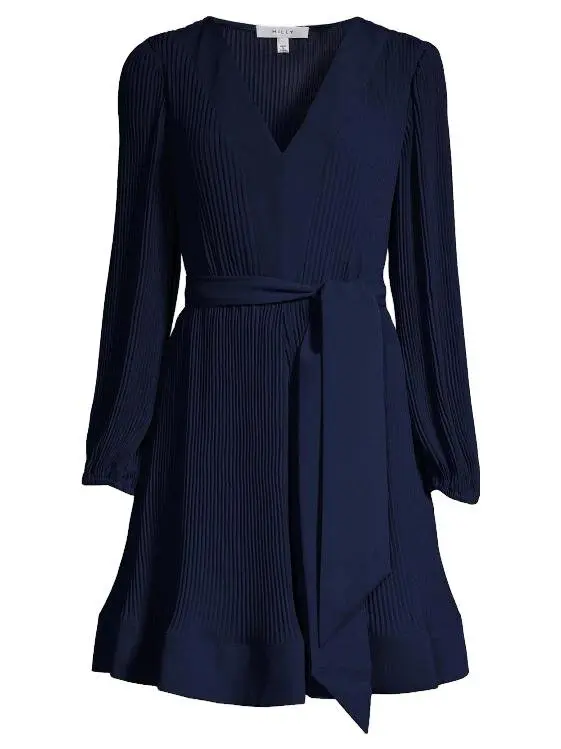 MILLY Liv Pleated Belted Minidress - Navy