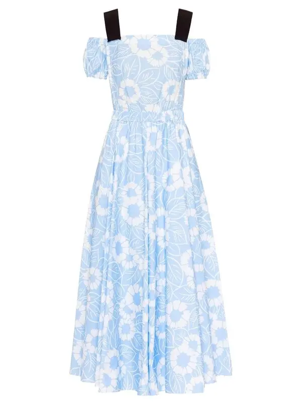 Prada Floral-print Off-shoulder Cotton Dress - Blue