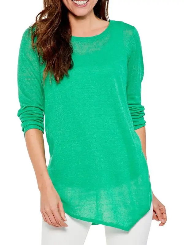 NIC+ZOE Featherweight Asymmetric Hem Linen Blend Sweater - Jade