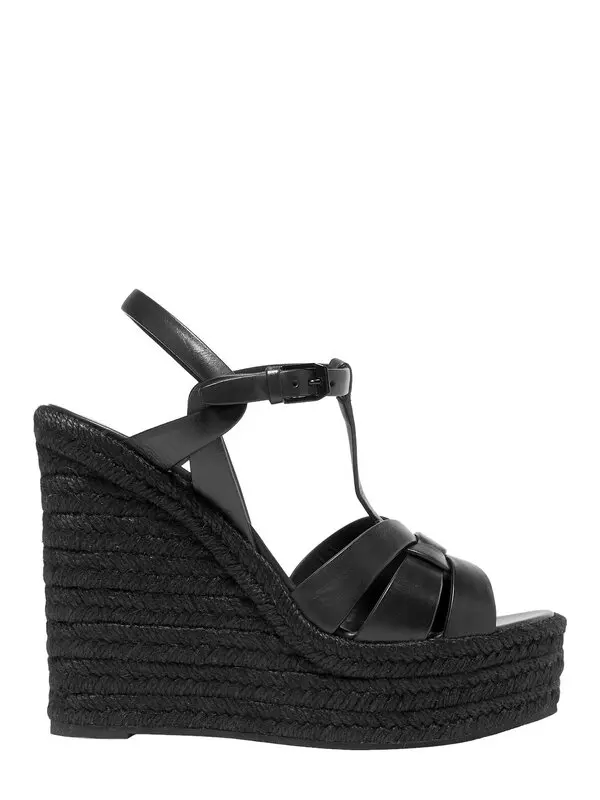 Saint Laurent Tribute Woven Leather Espadrille Wedge Sandals - Black