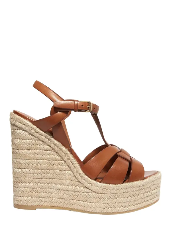 Saint Laurent Tribute Woven Leather Espadrille Wedge Sandals - Brown