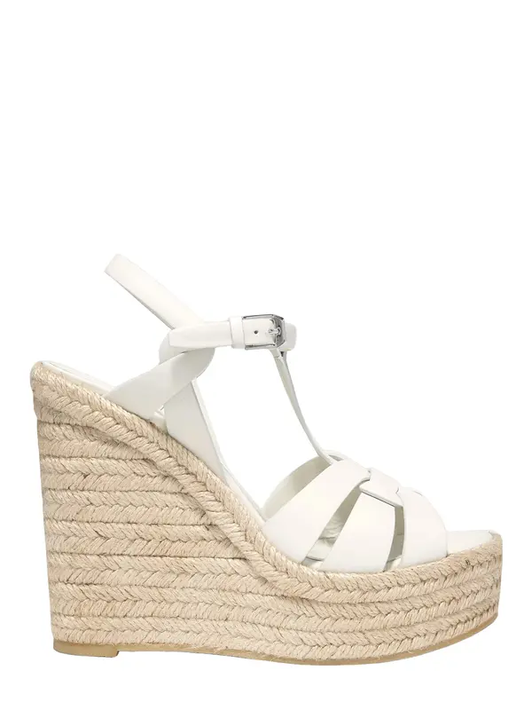 Saint Laurent Tribute Woven Leather Espadrille Wedge Sandals - White