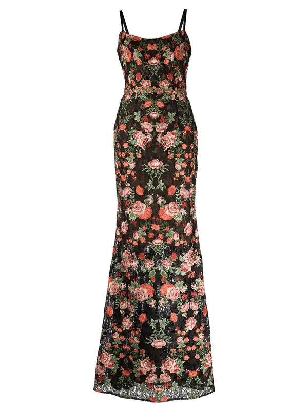 Marchesa Embroidered Floral Gown - Black
