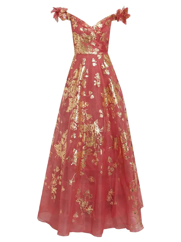 Marchesa Off-the-shoulder Floral-appliquéd Printed Organza Gown - Coral