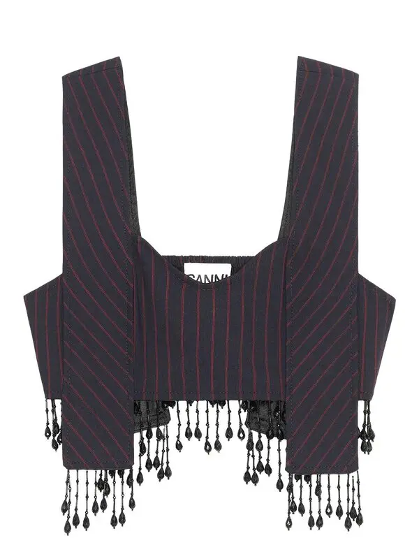 GANNI Stripe Beaded Fringes Top - Navy