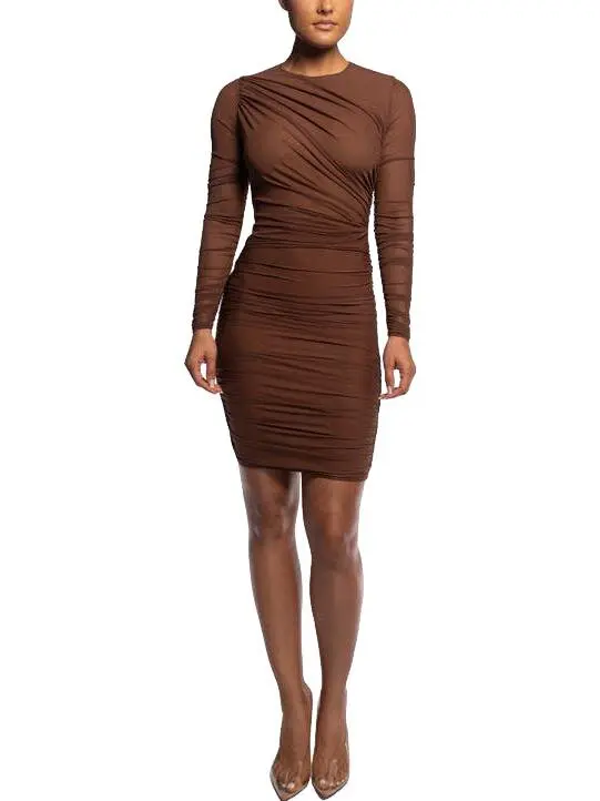 JLUXLABEL Mesh Ruched Long Sleeve Mini Dress - Chocolate