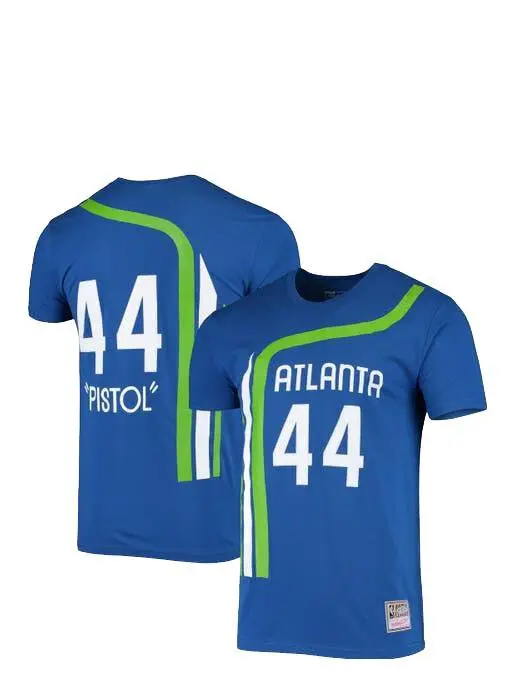 Mitchell & Ness Pete Maravich Atlanta Hawks Hardwood Classics Stitch Name & Number T-shirt - Blue