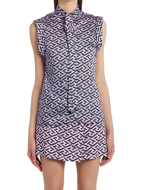 Versace La Greca Monogram Silk Twill Blouse - Orchid Black