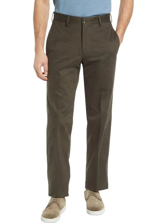 Berle Charleston Khakis Flat Front Stretch Sateen Pants - Olive