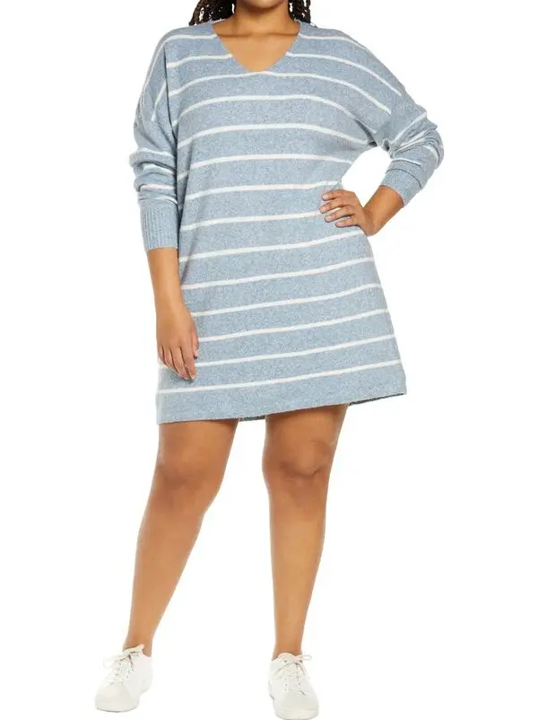 VERO MODA CURVE Doffy Stripe Long Sleeve Recycled Blend Sweater Dress - China Blue Stripes B