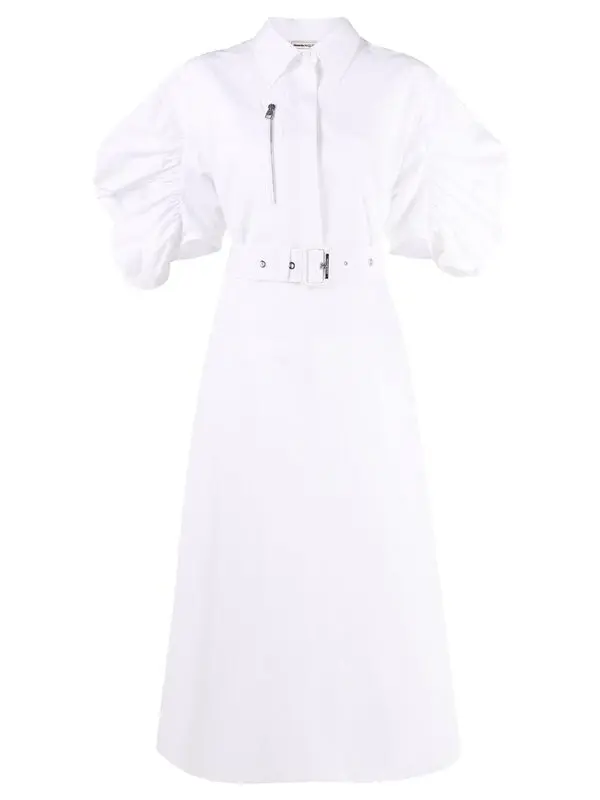 Alexander McQueen Puff-sleeve Belted Cotton Shirt Dress - White