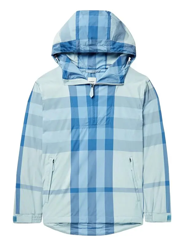 Burberry Checked Half-zip Hooded Jacket - Blue