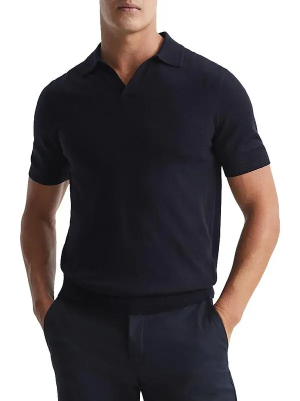 REISS Duchie Short Sleeve Open Collar Merino Polo Shirt - Navy