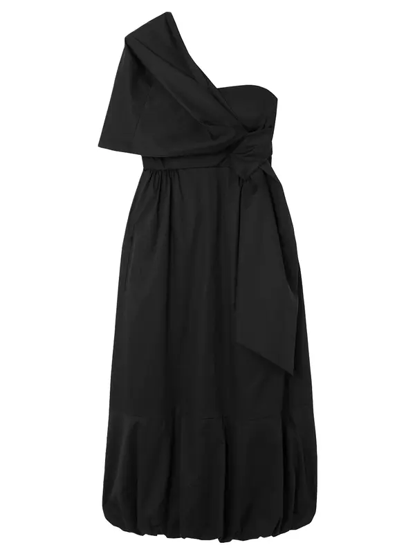 Tibi One-shoulder Draped Cotton-poplin Midi Dress - Black