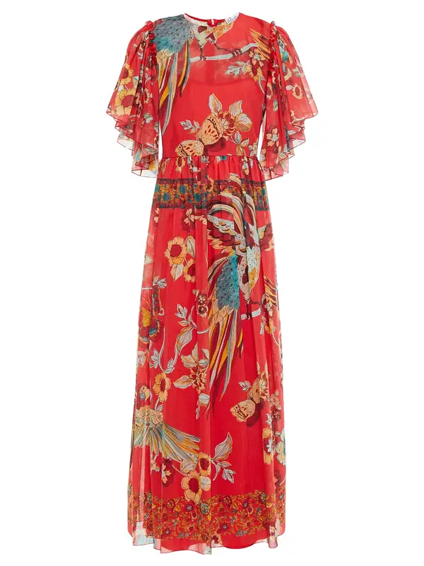 Red Valentino Gathered Printed Cotton And Silk-blend Voile Midi Dress - Tomato Red