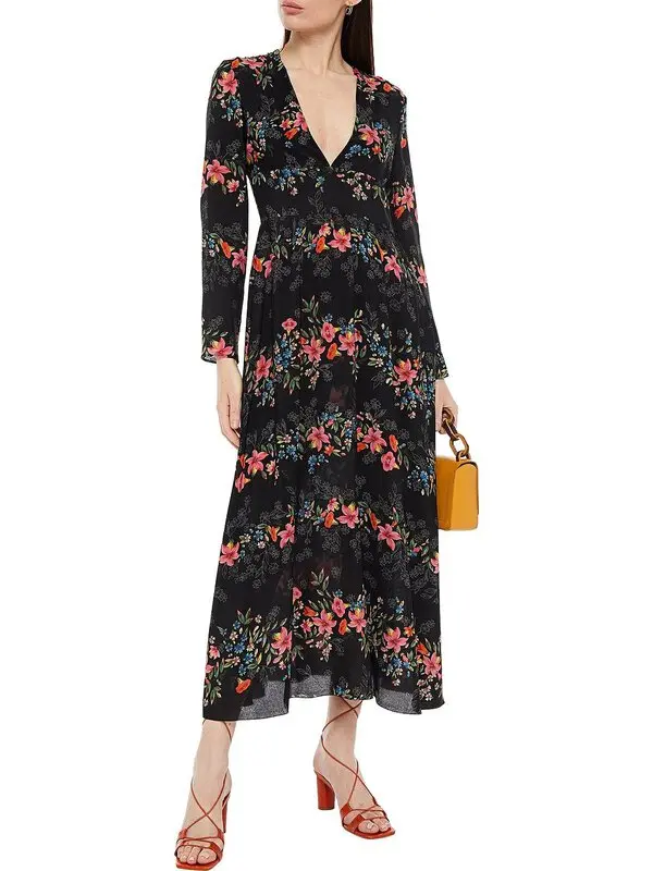 Red Valentino Floral-print Silk Crepe De Chine Midi Dress - Black